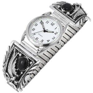 Native American Onyx Silver Mens Watch Traditional Navajo Sterling Tips ...