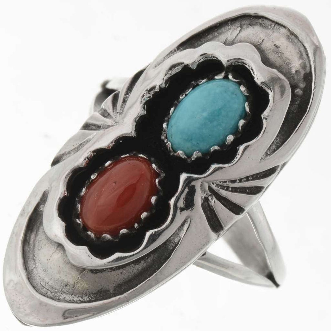 Natural Turquoise Coral Silver Ring Ladies Navajo Sterling Pointer ...