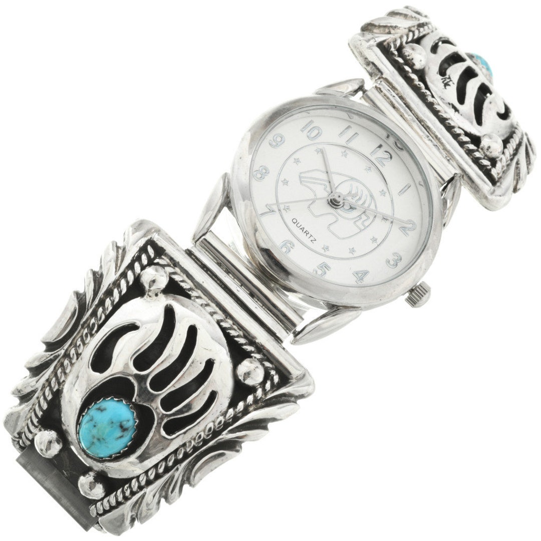 Native American Turquoise Silver Bear Paw Mens Watch Sterling Design ...