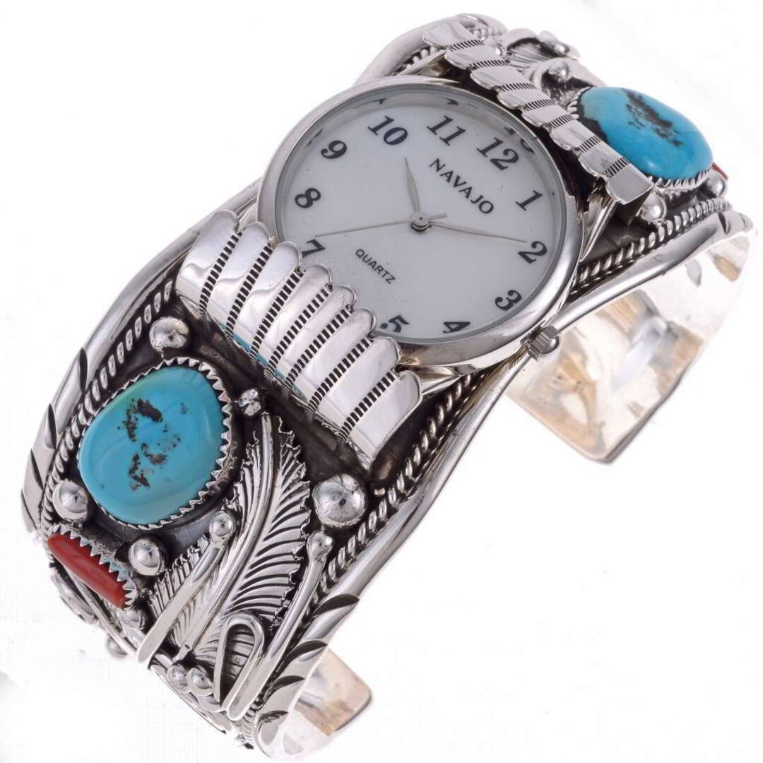 Native American Turquoise Mens Watch Cuff Coral Sterling Bracelet Style ...