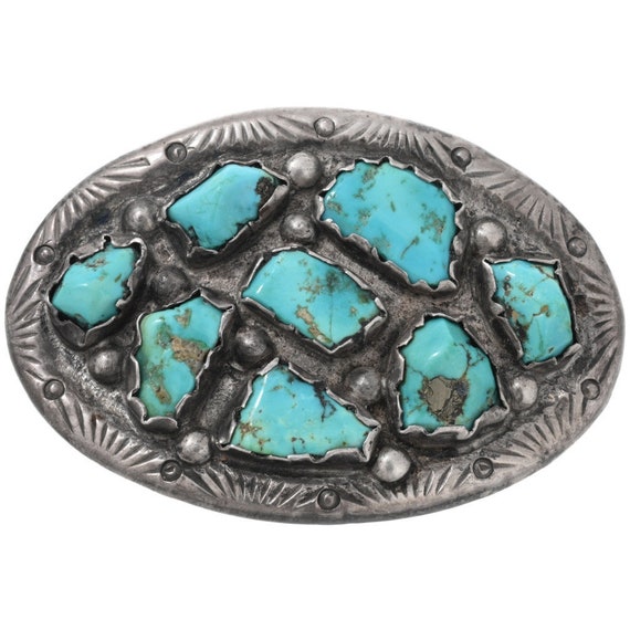 Vintage Zuni Turquoise Cluster Silver Belt Buckle Han… - Gem