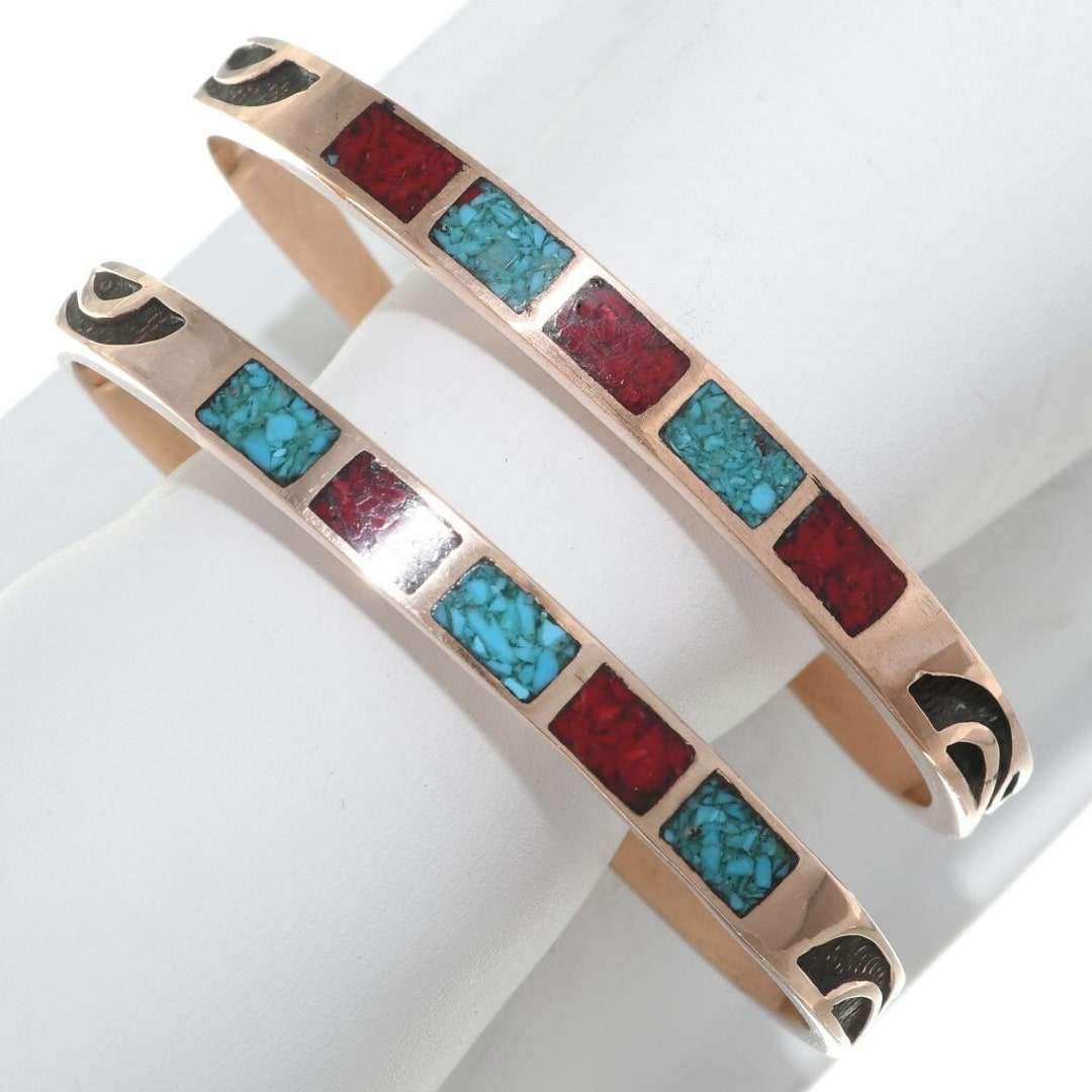 Navajo Ladies Turquoise Coral Copper Cuff Native American Inlaid ...