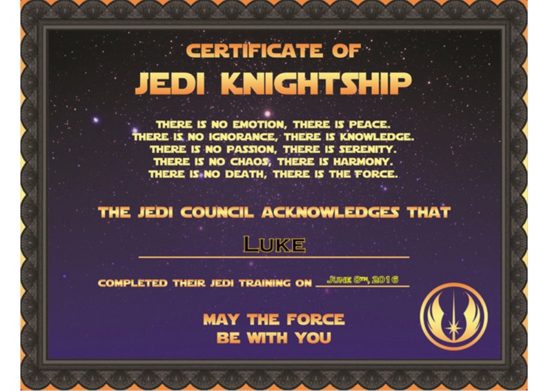 Star Wars Inspired Customizable Certificate of Jedi Knightship INSTANT ...