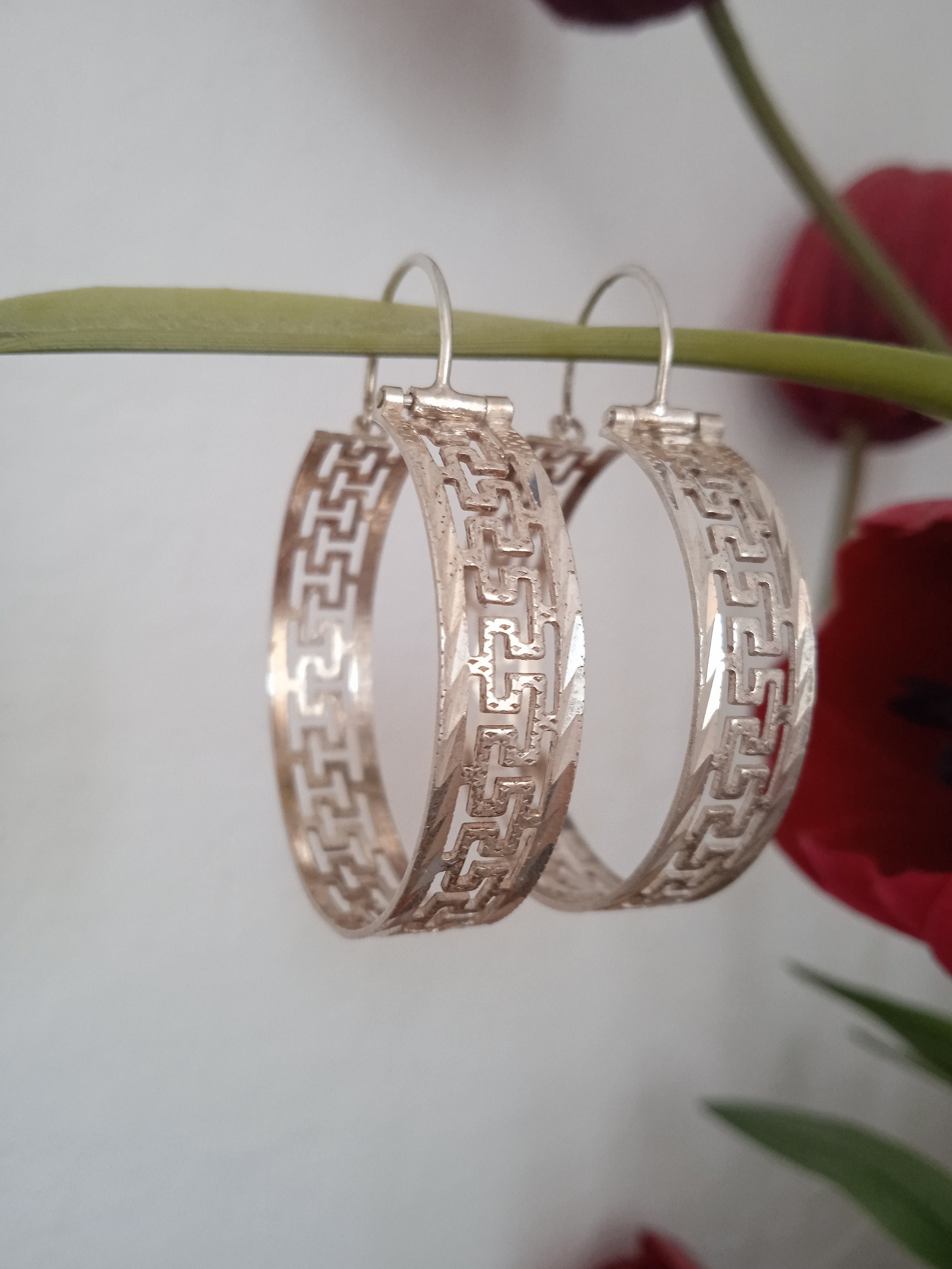 Vintage Earrings Hoop, Meander Greek Earrings Sterling Silver, Handmade Jewelry Real Silver ...