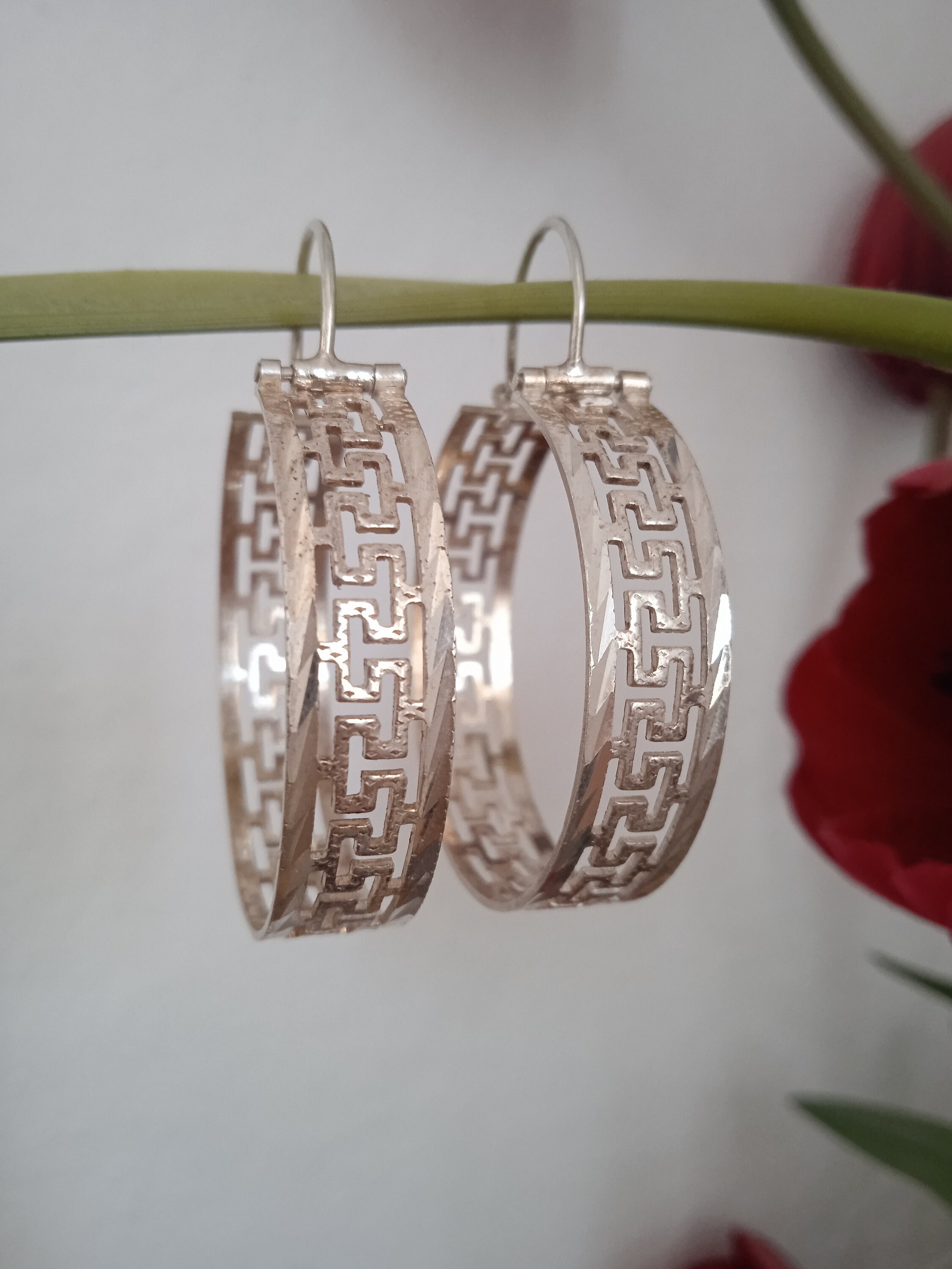 Vintage Earrings Hoop, Meander Greek Earrings Sterling Silver, Handmade Jewelry Real Silver ...