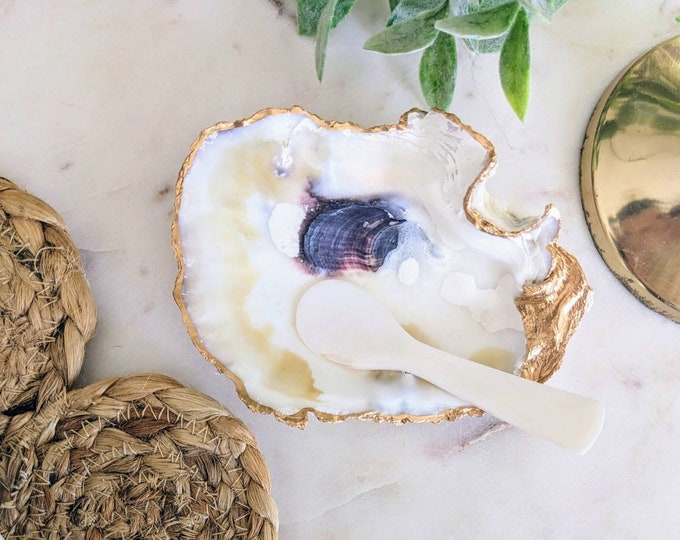 Oyster Shell Salt Cellar With Mother of Pearl Spoon, Spice Dish, Gold ...