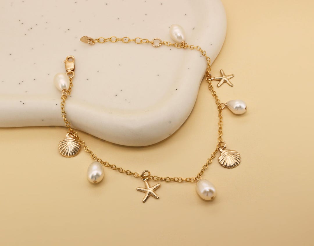 14K Gold Filled Bracelet Freshwater Dangling Pearl and Shell Charms ...