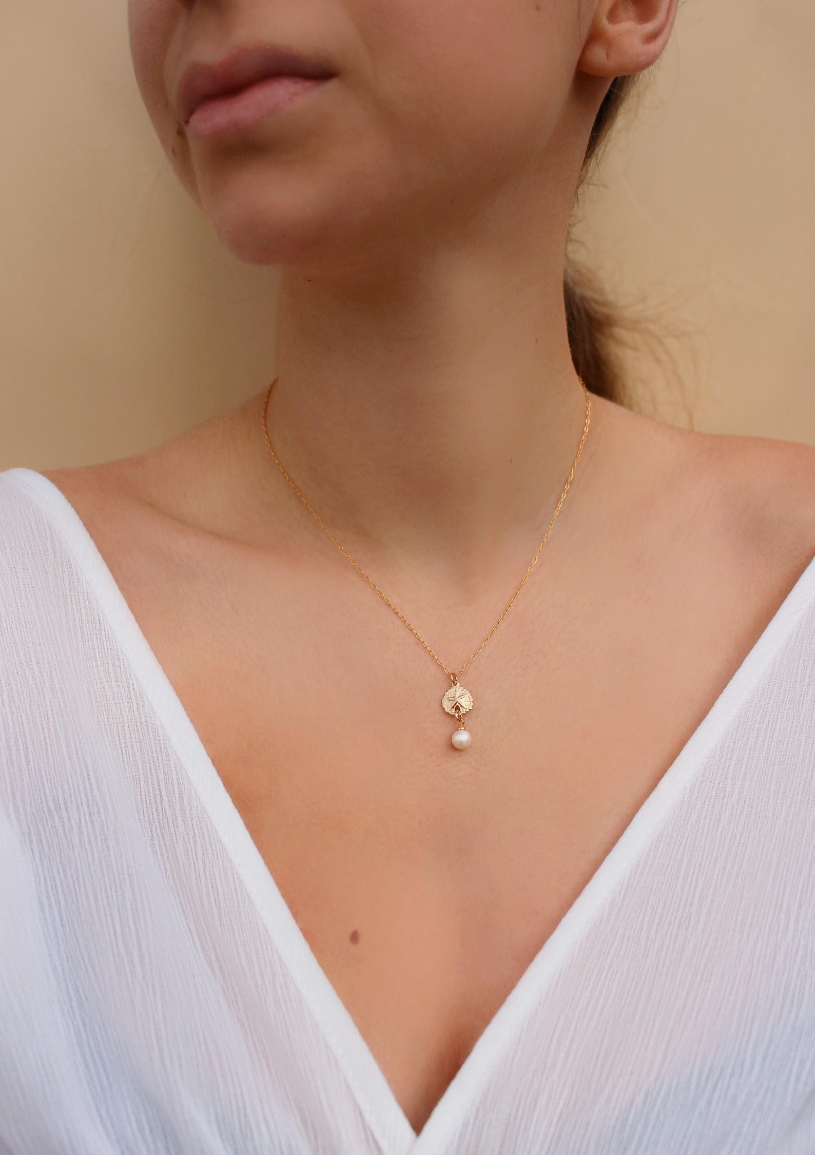 14k Gold Filled Sea Shell Pearl Drop Necklace ∙ Sand Dollar Charms ∙ ...