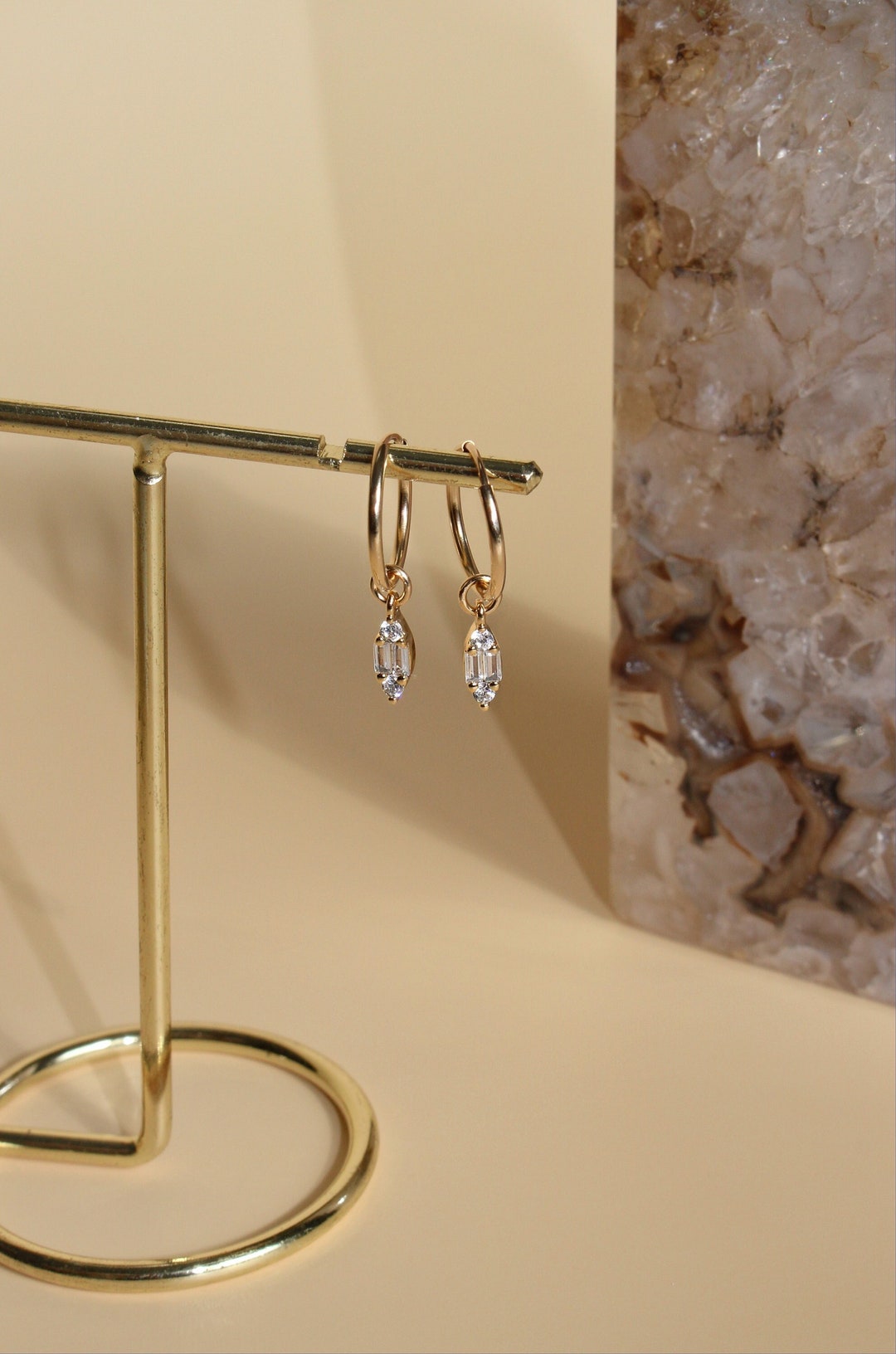 MARQUISE - Dainty 14K Gold Filled Baguette Huggies · Tiny Charm Drop ...