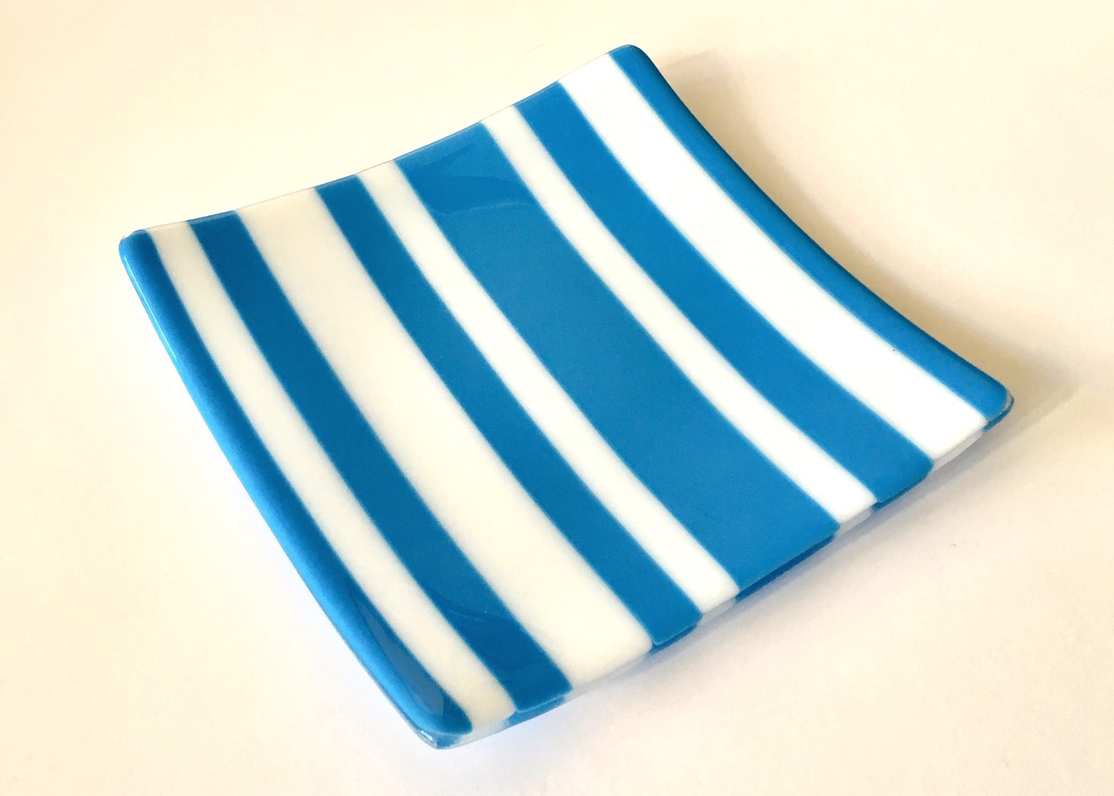 Blue and White Striped Plate, Fused Glass Plate - Etsy