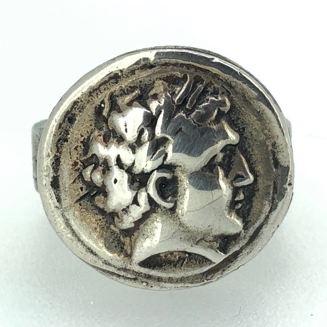 Silver Coin Ring, Greek God Apollo Ring, Oxidised Coin Ring, Size M ...