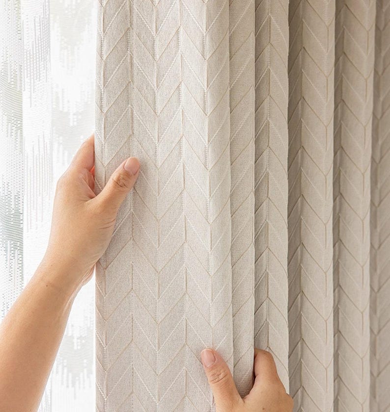 Custom Pair Curtain Embossed V Chevron Pattern Herringbone Ivory Cream ...
