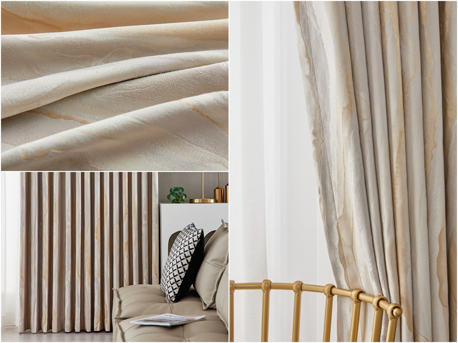 PAIR of Custom Made Drape Abstract Stone Marble Look Curtain Latte Gold ...