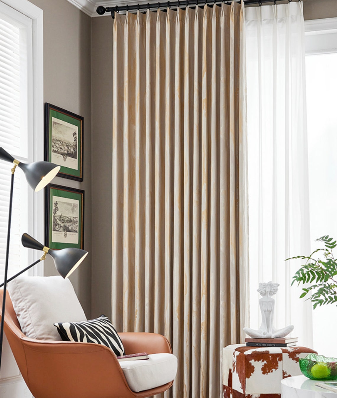 PAIR of Custom Made Drape Abstract Stone Marble Look Curtain Latte Gold ...