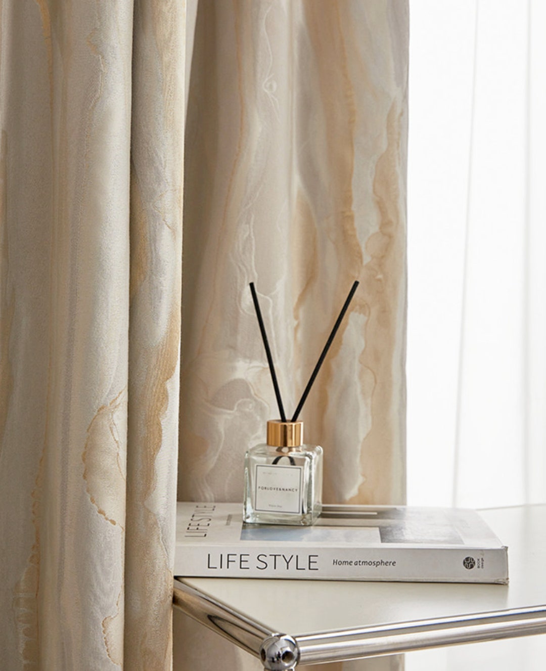 PAIR of Custom Made Drape Abstract Stone Marble Look Curtain Latte Gold ...