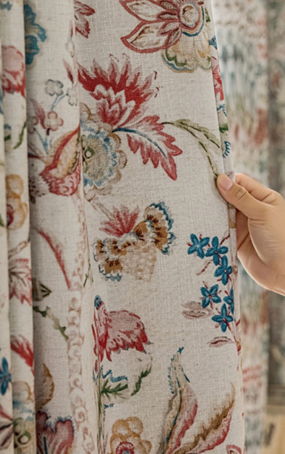 Custom Made Drapery Linen Curtain Bohemian Garden Leaf Red Beige Floral ...