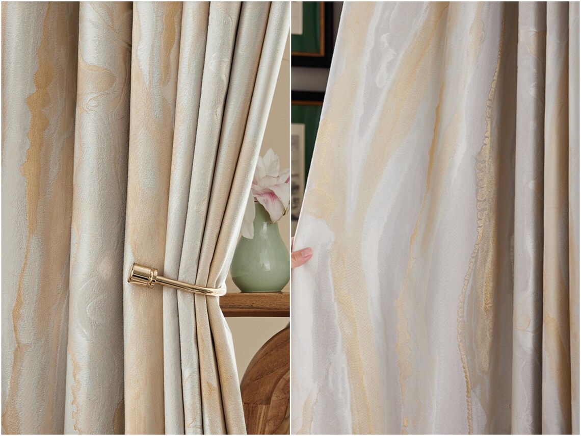 PAIR of Custom Made Drape Abstract Stone Marble Look Curtain Latte Gold ...