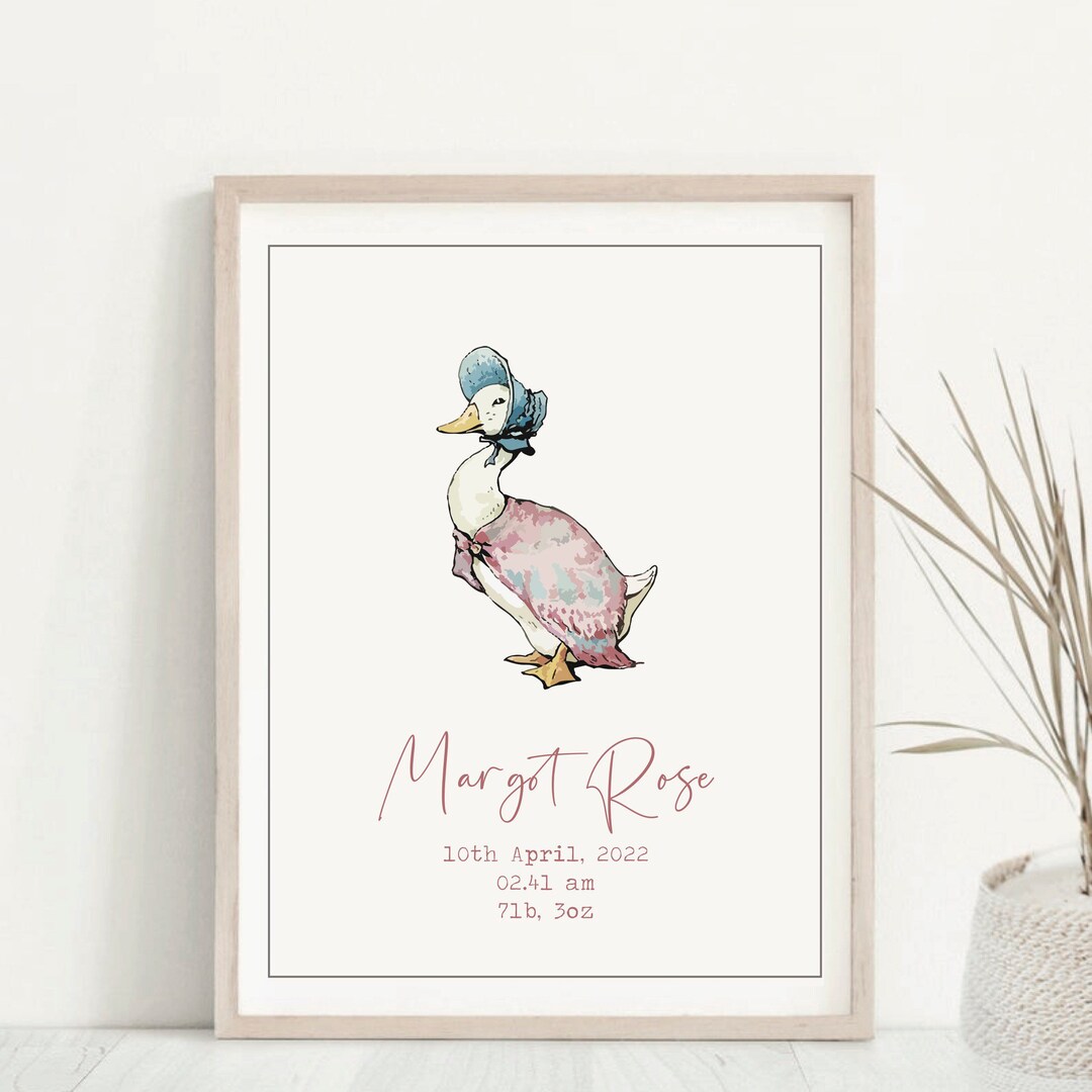 Personalised Jemima Puddle Duck Baby Girl Print, Nursery Decor, New ...