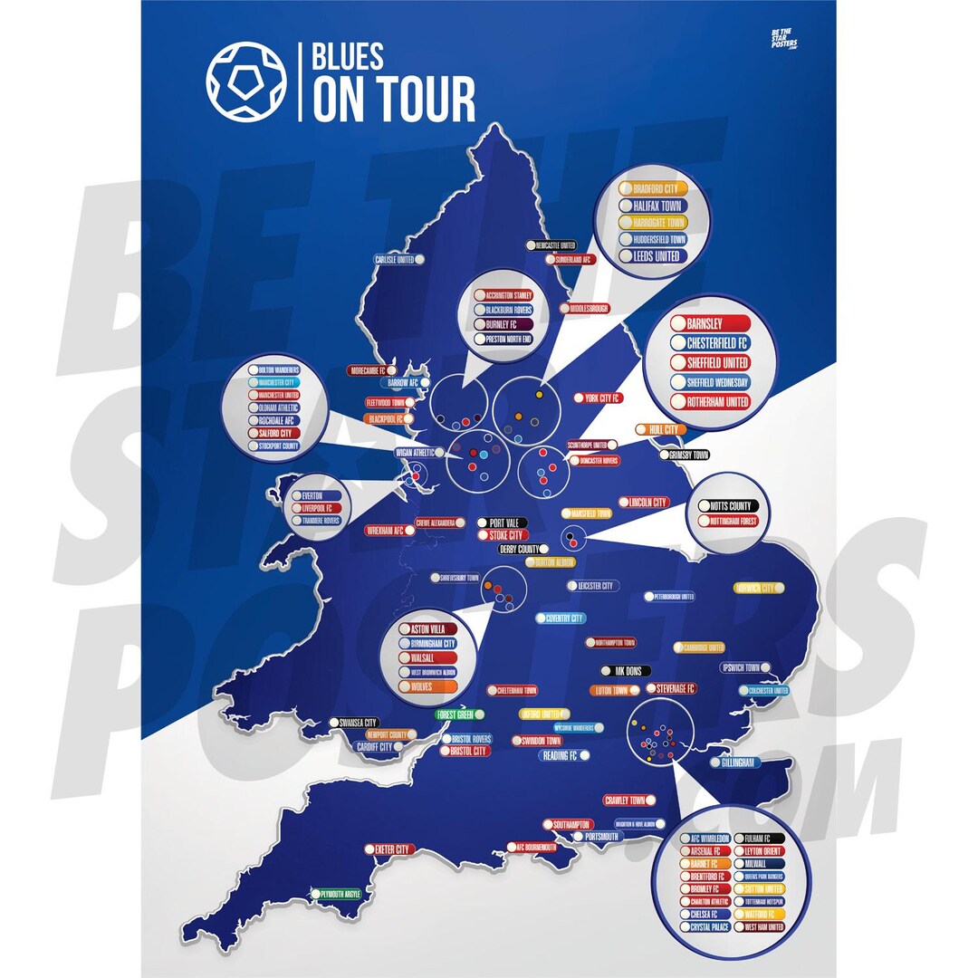 My Football Tour Map A2 Poster - Blue / White Team Colours Blues on ...