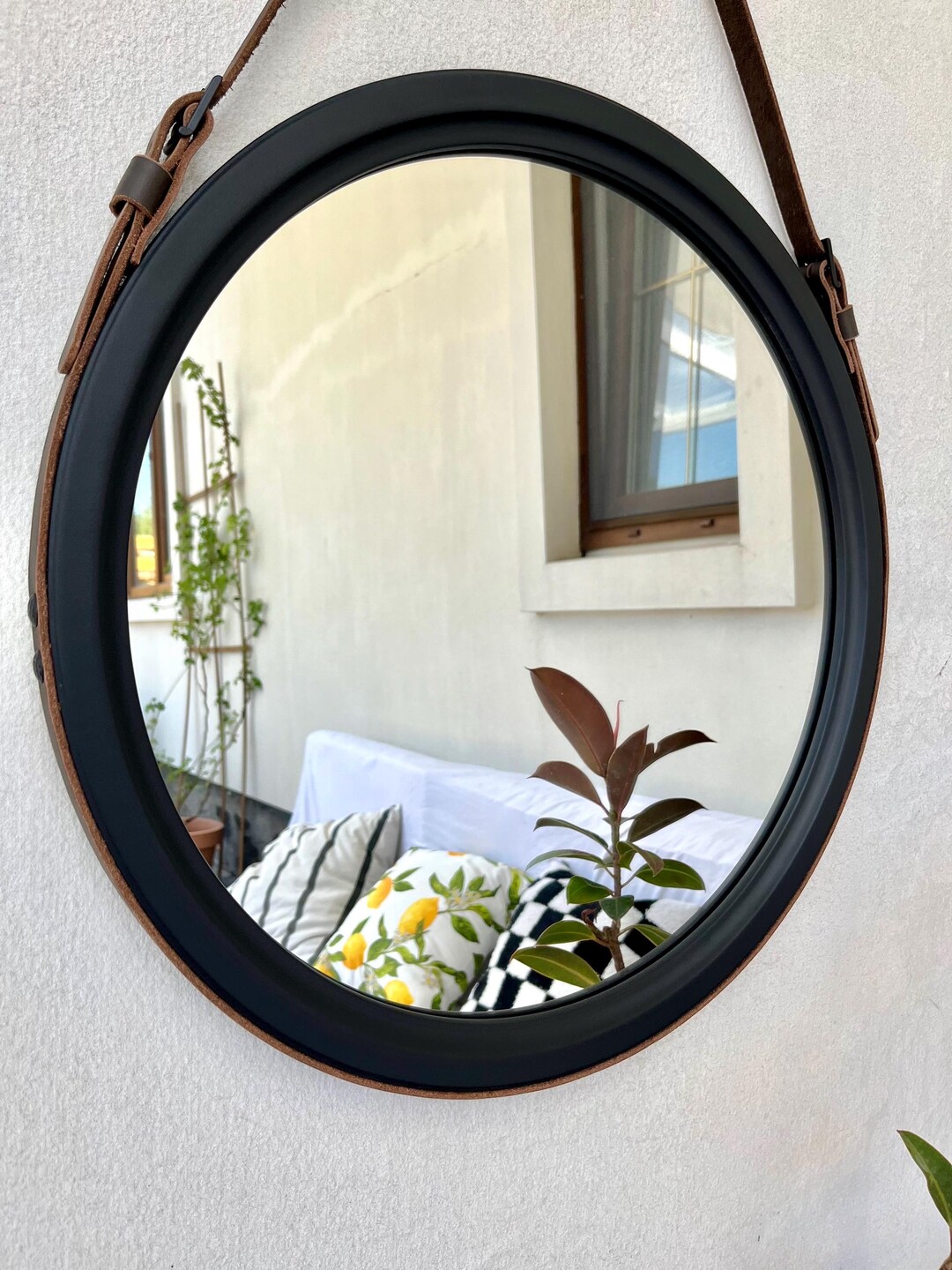 Large Black Wood Mirror With Leather Strap, Stylish Round Hanging Wall ...
