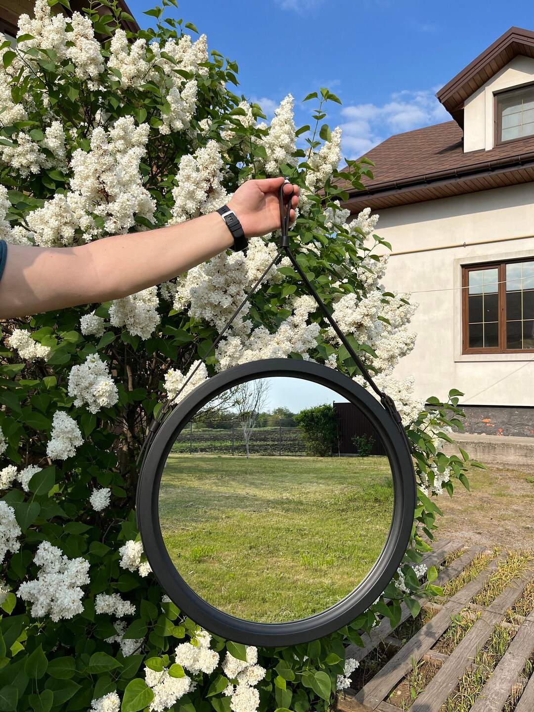 Black Frame Bathroom Mirror From Wood, Modern Round Mirror Wall, Large ...