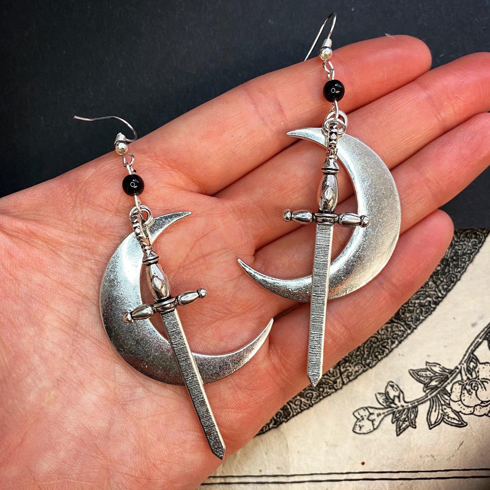 Crescent moon and long sword silver earrings | Etsy