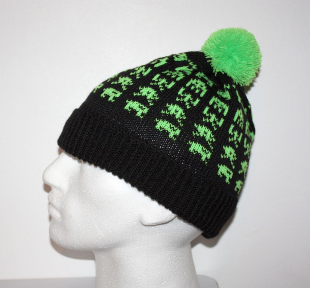 Space Invaders in a Choice of Colours on a Black Knit Beanie Hat Teenager to Adult Unisex Size ...