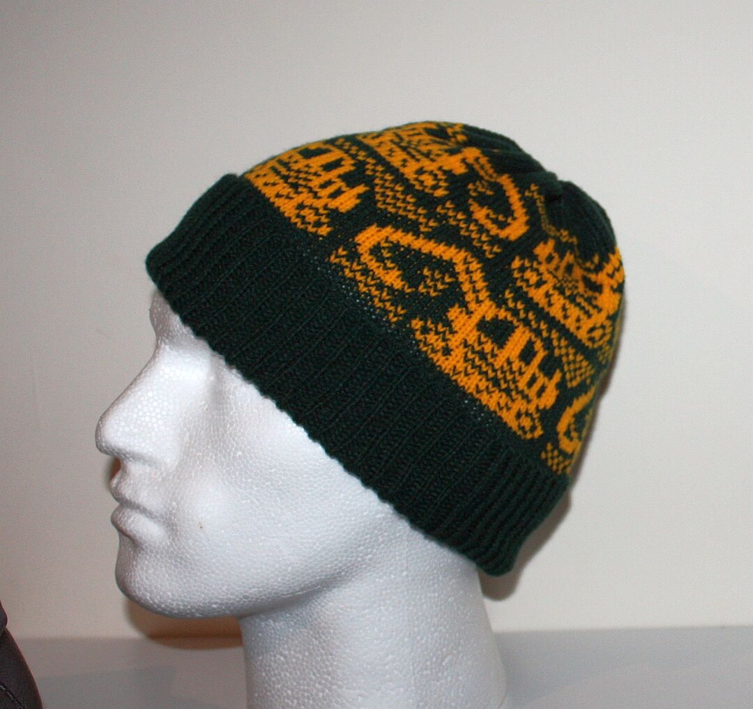 Yellow Construction Excavator Diggers on a Bottle Green Knit Beanie Hat ...