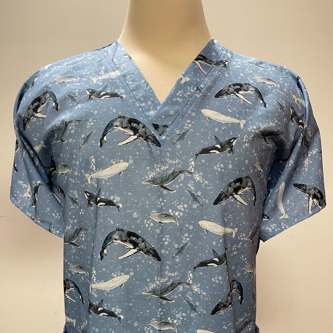 Marine Life in Ocean Blue - Custom Made Unisex Men Women Scrub Tops ...