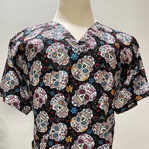Folkloric Skulls in Black - Custom Made Unisex Men Women Scrub Tops ...