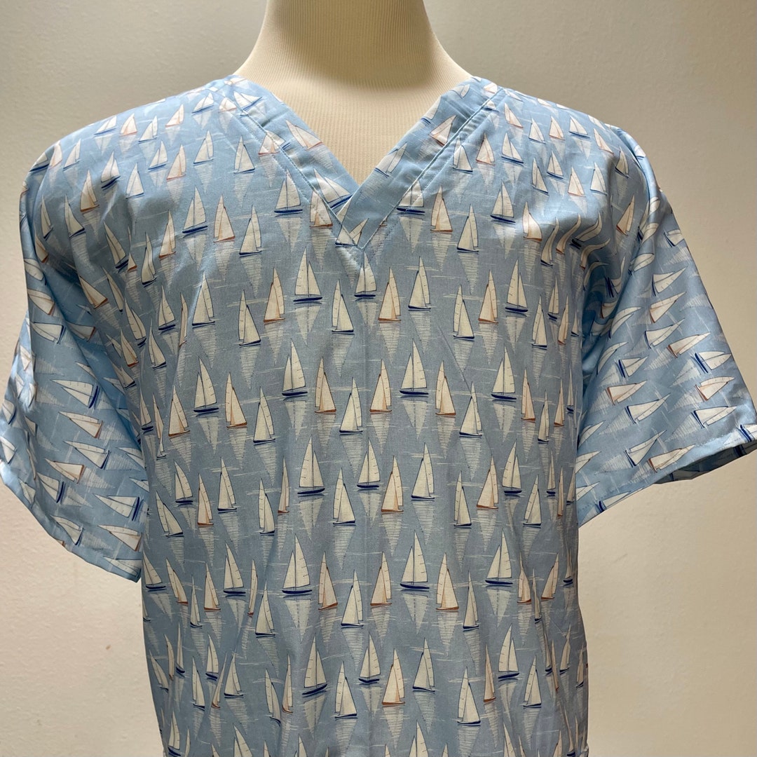 Sailboats in Ocean Blue - Custom Made Unisex Men Women Scrub Tops ...