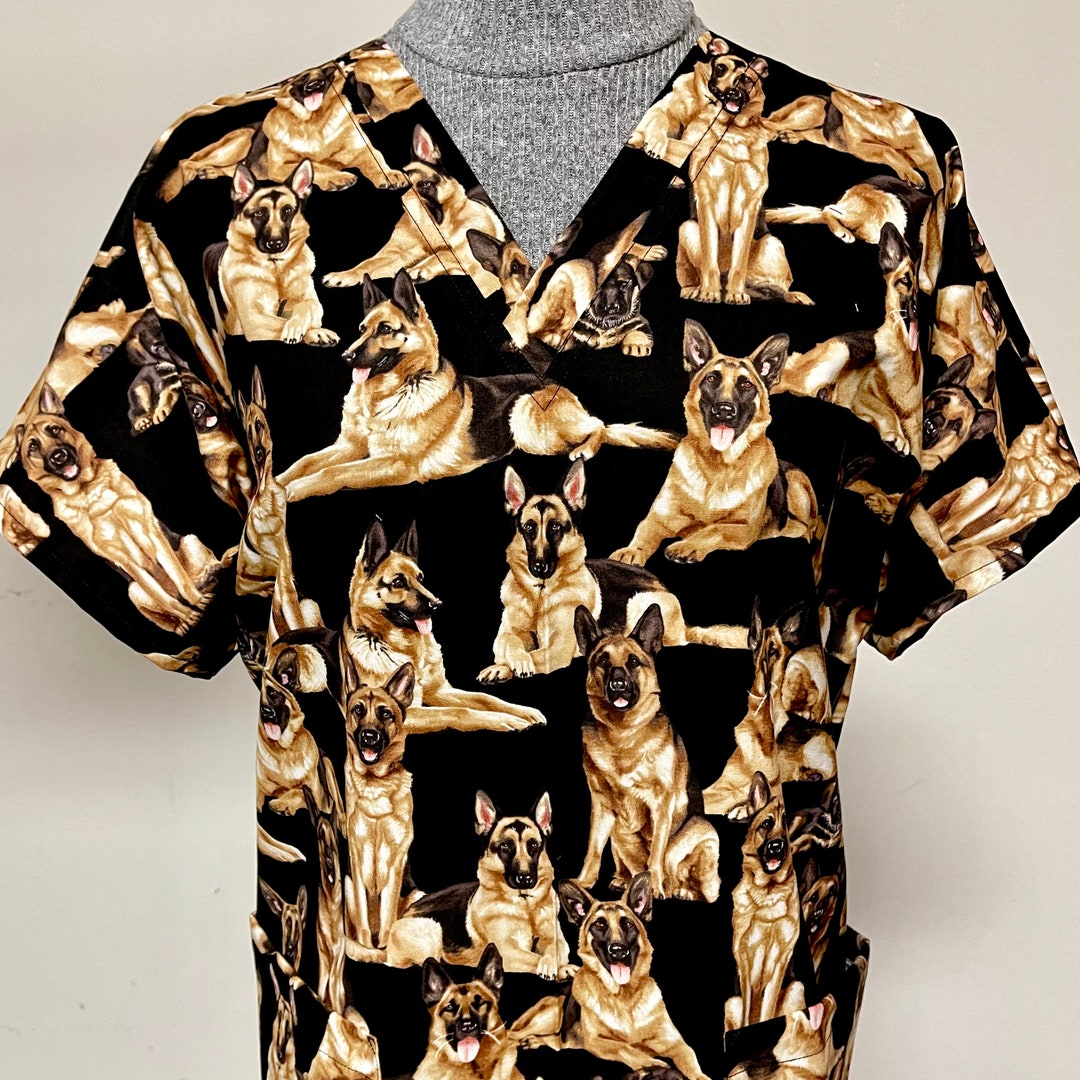 German Shepherds in Black Custom Made Unisex Men Women Scrub Tops ...