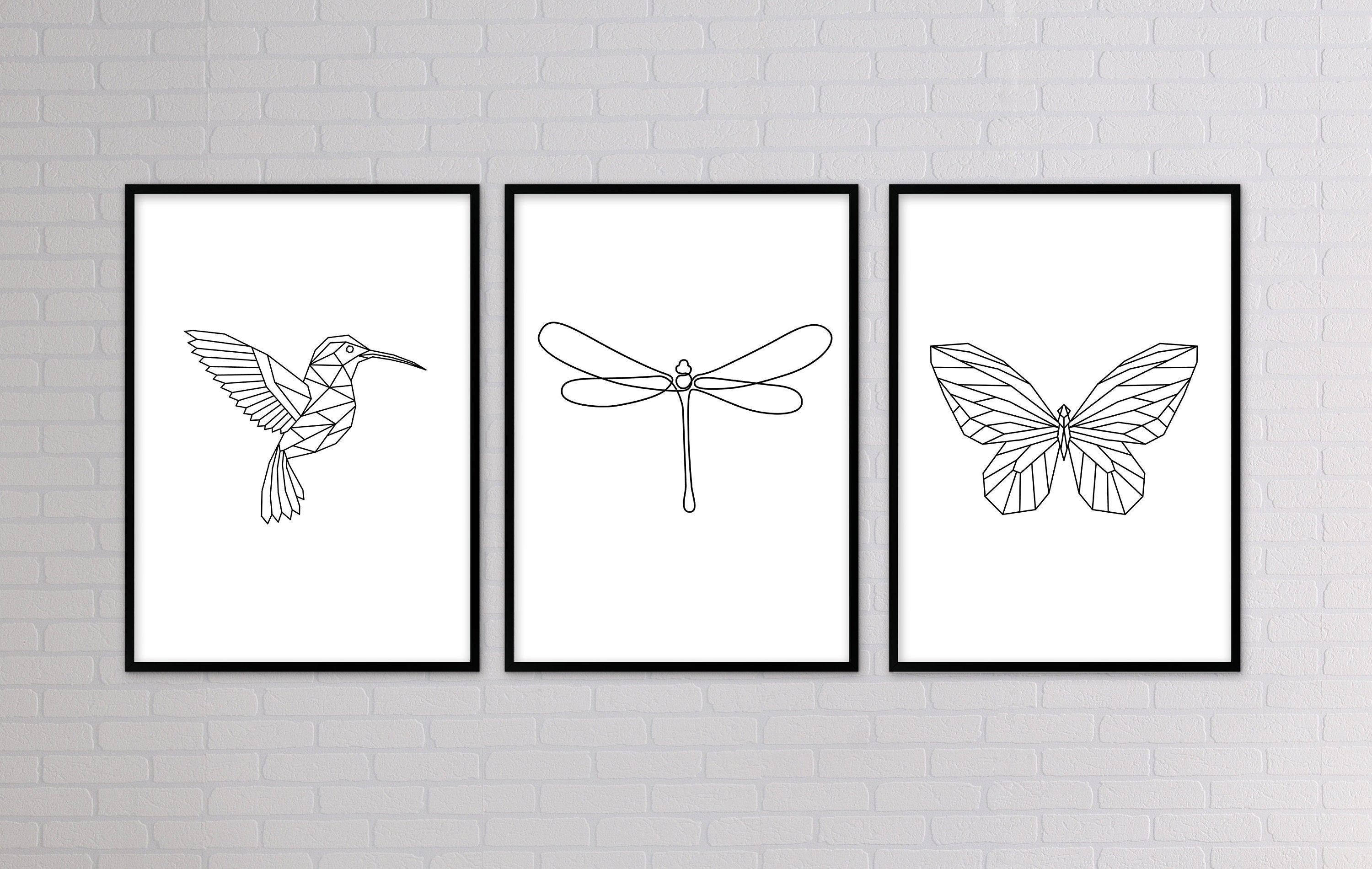 Set of 3 Geometric Line Art Hummingbird Print Dragonfly | Etsy