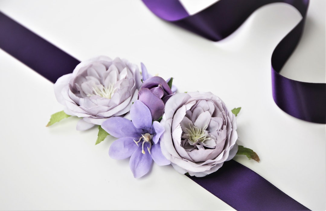 Wedding Plum Sash, Flower Girl Sash Belt, Dusty Purple Flowers Sash ...