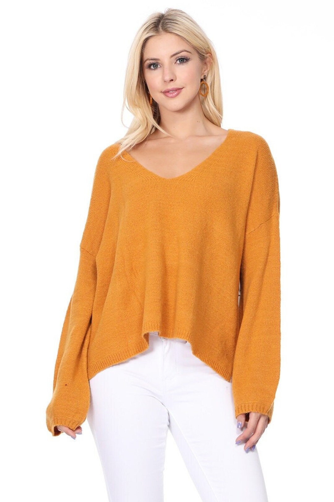 YEMAK Women's Long Sleeve Wide V-neck With Side Slit Oversize Pullover ...