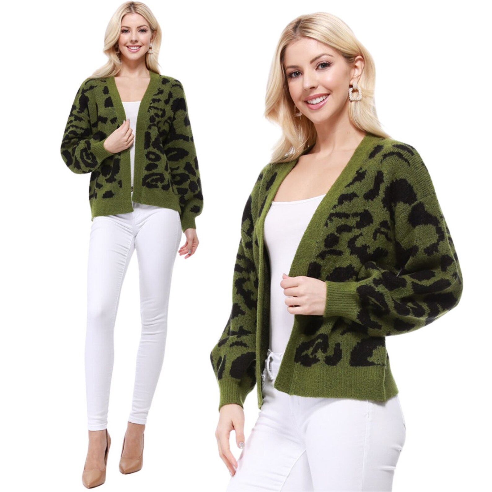 YEMAK Women's Chunky Leopard Print Open Front Long Sleeve Jacket Sweater Cardigan HK8254LEO (SM ...