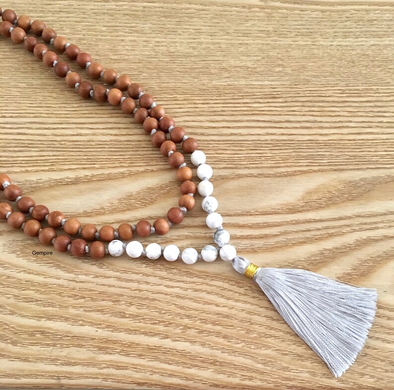 Sandalwood - Howlite Mala Necklace 8 Mm, 108 Sandalwood Mala, Japa Mala ...