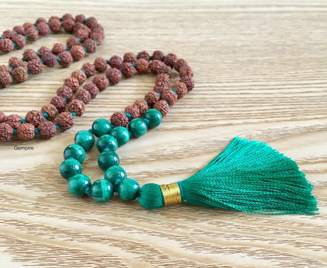 Malachite Mala Necklace 108 Rudraksha Mala Knotted, 108 Prayer Beads ...