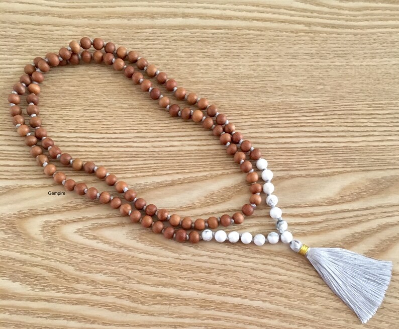 Sandalwood - Howlite Mala Necklace 8 Mm, 108 Sandalwood Mala, Japa Mala ...