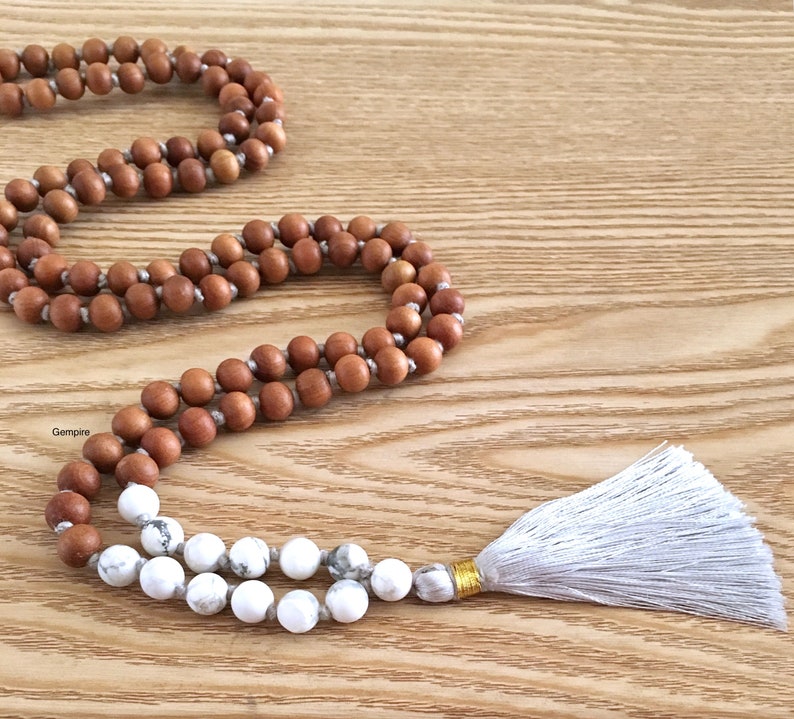 Sandalwood - Howlite Mala Necklace 8 Mm, 108 Sandalwood Mala, Japa Mala ...