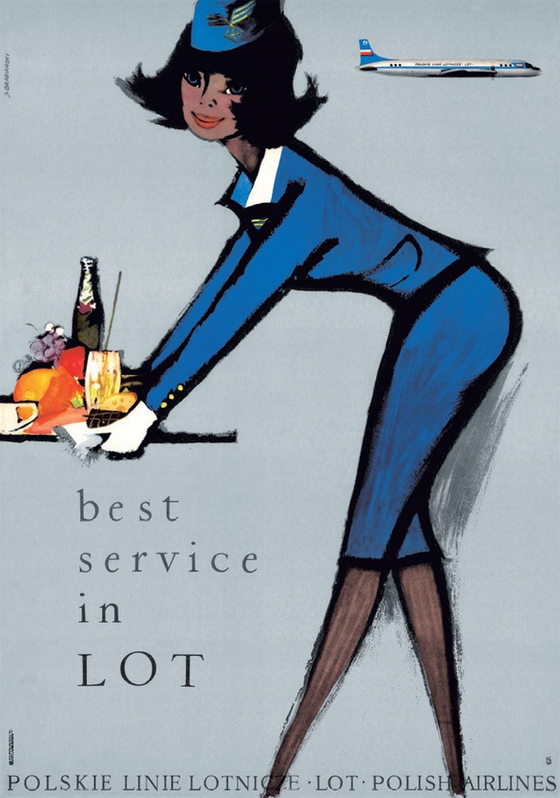 Polish Advertising Poster Best Service in LOT! Stewardess With Tray ...