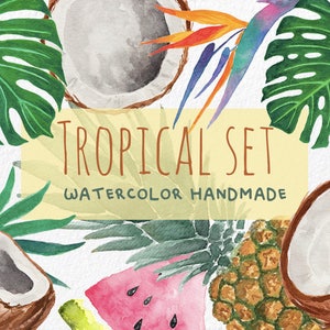 TROPICAL Set Watercolor Collection Leaves Fruits Coconuts | Etsy