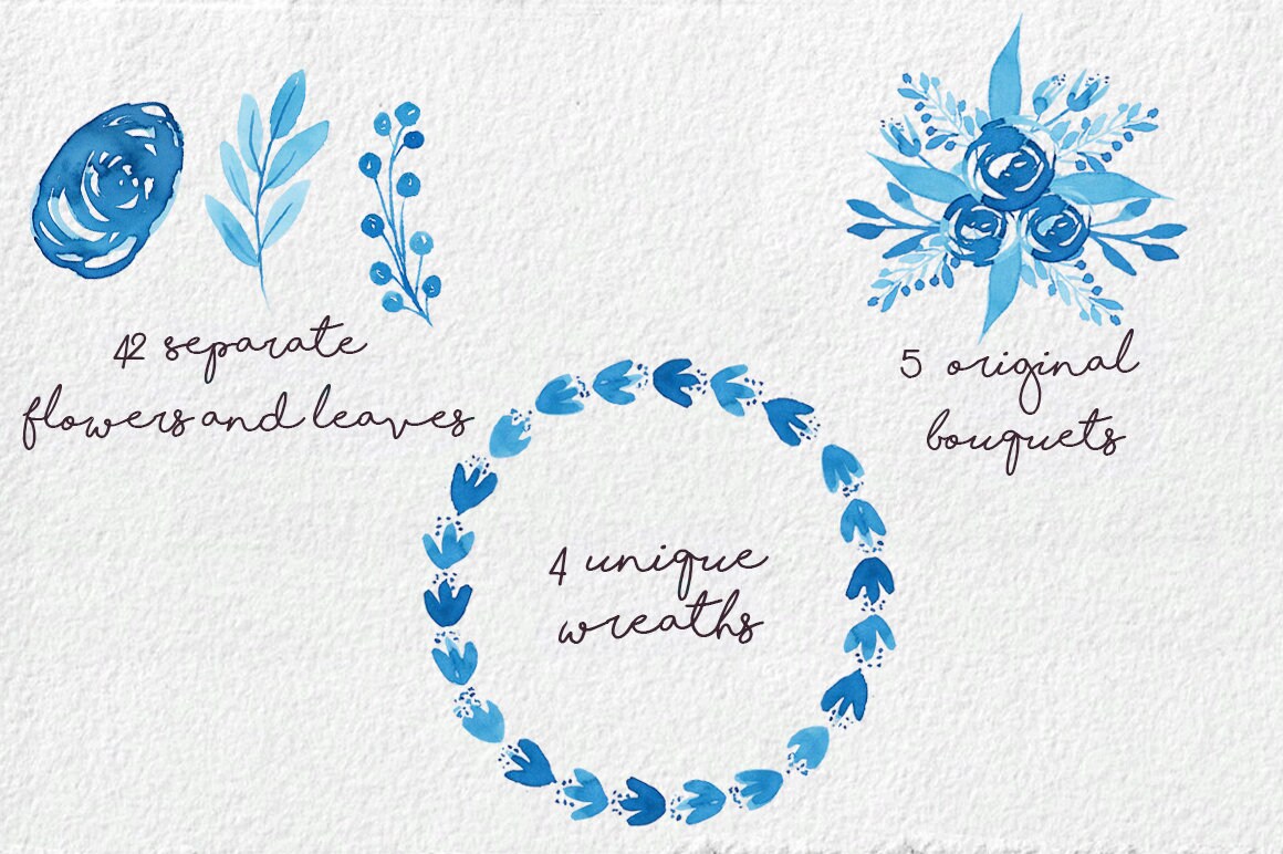 Watercolor BLUE Flowers Hand Painted Clip Art Collection-floral Set ...