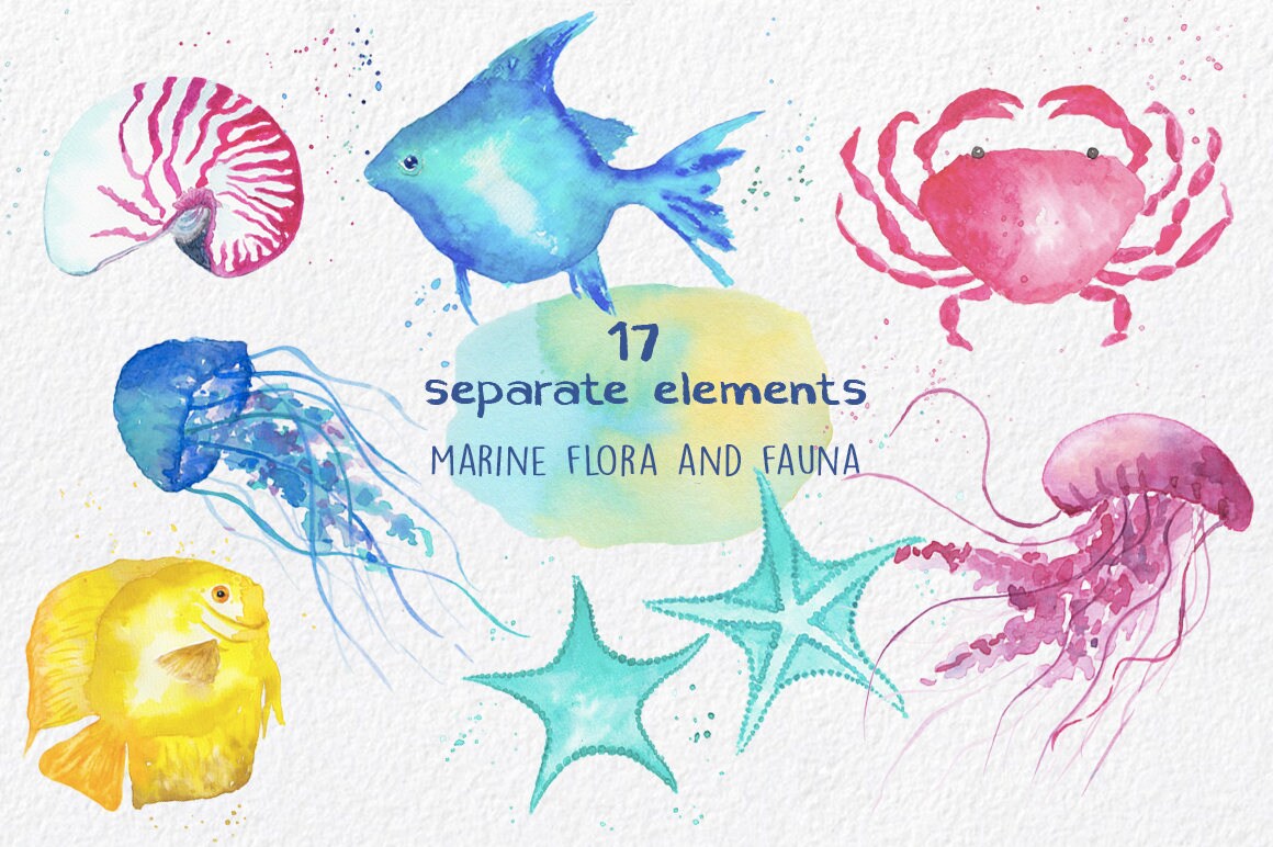 Watercolor Underwater Clipart Set.marine Life Hand Painted,under the ...
