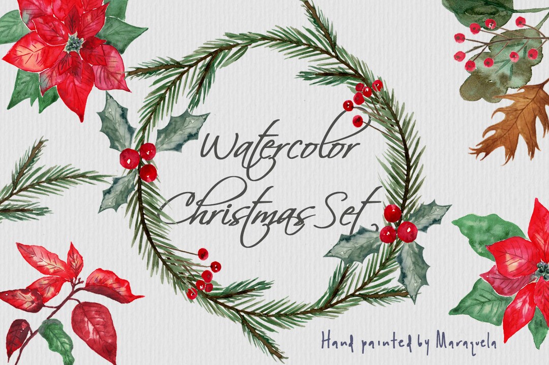 Watercolor Christmas Set Clip Art Hand Painted - Set Leaves and Flowers ...