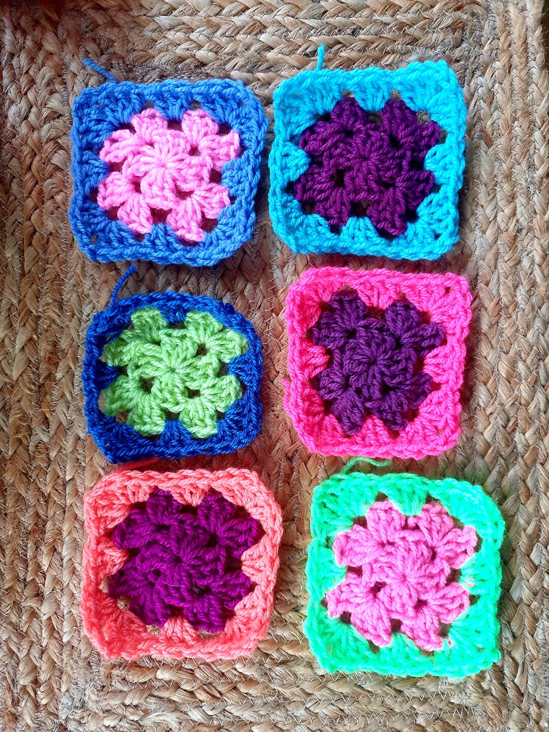 Hand Made Granny Square Crochet Traditional X 6 Individual Squares ...