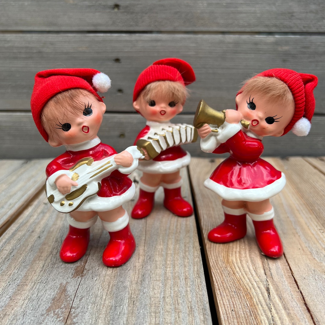 VTG Napco Christmas Pixie Elves Figurine Set of 3 Girl Band 50's Hair ...