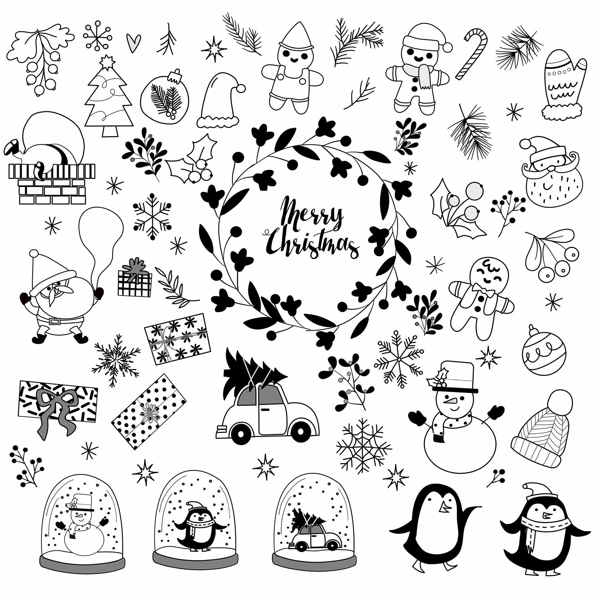 Christmas Line Art Clipart,nöel Clipart,main Drawn Clip Art Commercial ...