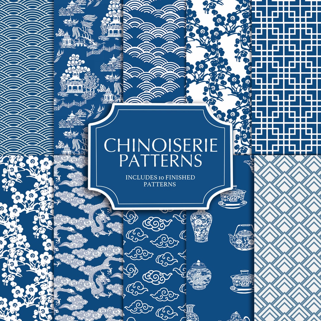 Buy Chinoiserie Digital Paper, Chinese Patterns, Blue and White Paper ...