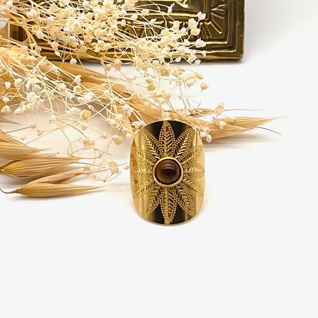 Adjustable Gold Stainless Steel Ring / Flower Engraving and Genuine ...